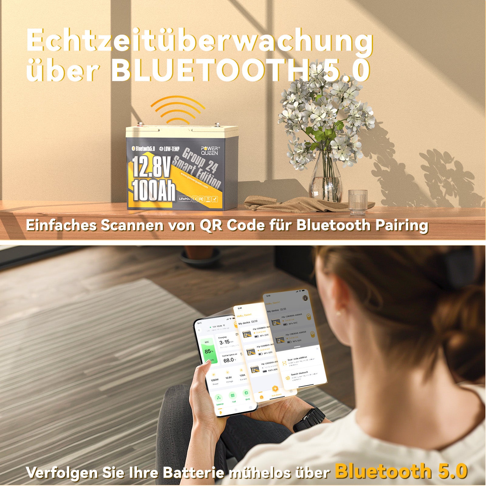 【0% VAT】Power Queen 12V 100Ah Group 24 Smart LiFePO4 battery with Blue ...