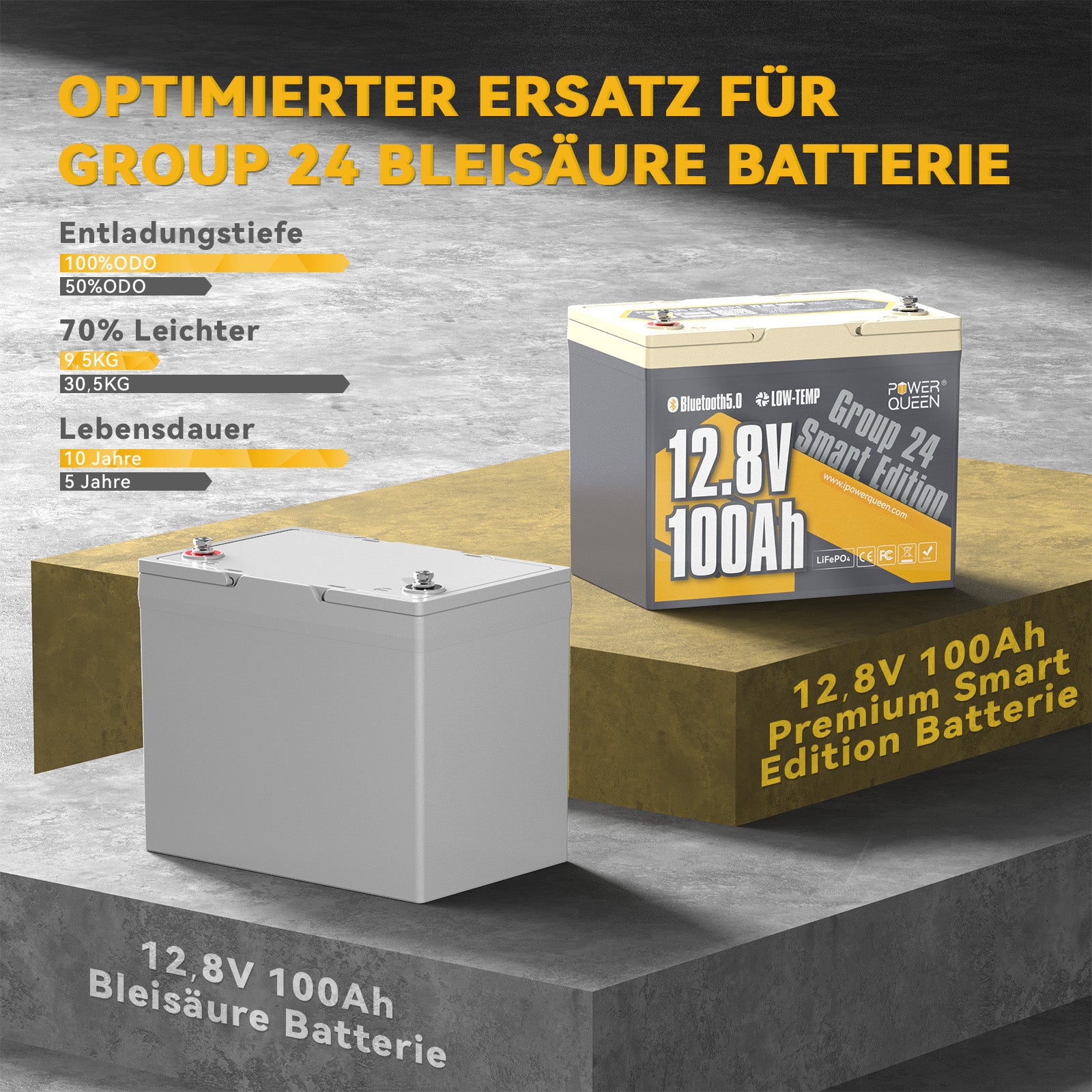 【0% VAT】Power Queen 12V 100Ah Group 24 Smart LiFePO4 battery with Blue ...